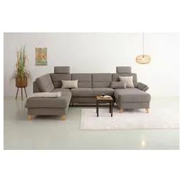 Wohnlandschaft Home Affaire "Westerland U-Form", braun (latte), B:303cm H:90cm T:213cm, 100% Polyester, Sofas, Wohnlandschaft, Federkern, wahlweise Bettfunktion, Stauraum und Armlehn-Verstellung