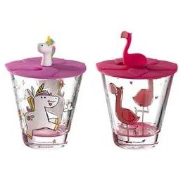 Kinderbecher Leonardo "Kinderbecher mit Deckel Bambini 215 ml 2er Set", bunt (einhorn, flamingo), Trinkgef&auml;&szlig;e, Kinderbecher