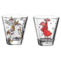 Kinderbecher Leonardo "Kinderbecher Bambini 215 ml 2er Set", bunt (einhorn, flamingo), Glas, Trinkgef&auml;&szlig;e, Kinderbecher
