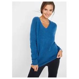 Strickpullover bonprix "Strickpullover mit V-Ausschnitt, Oversized Fit", Damen, Gr. 44/46 (L), blau (polarblau), Strick, Obermaterial: 67% Polyacryl, 30% Polyester, 3% Elasthan, unifarben, bequem normal, V-Ausschnitt, Rippb&uuml;ndchen, Pullover Strickpullover, aus Polyacryl, Polyester und Elasthan, mit Rippb&uuml;ndchen