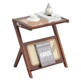 VEVOR Rattan-Couchtisch Z-f&ouml;rmiger Kaffeetisch geflochtenem Bambus-Rattan mit Platte aus geh&auml;rtetem Glas, 50 cm moderner Boho-Couchtisch mit Stauraum & Beine, f&uuml;r Wohnzimmer, Schlafzimmer