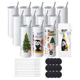 VEVOR 12er-Pack Gerade Sublimationsbecher, 591,5 ml Blanko-Becher, Edelstahl-Doppelwandbecher mit Strohhalm, Deckel, B&uuml;rste, Boden, Schrumpffolie, Geschenkbox, f&uuml;r W&auml;rmepresse und W&auml;rme&uuml;bertragung