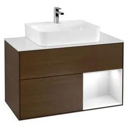 Villeroy & Boch Villeroy und Boch Finion Waschtischunterschrank F121GFGN 100cm, Abdeckplatte wei&szlig; matt, Regal rechts Glossy white lacquer, Walnut veneer