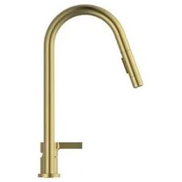Ideal Standard Gusto K&uuml;chen-2-Loch-Armatur BD424A2 brushed gold, mit hohem Rohrauslauf und herausziehbarer 2-Funktionshandbrause