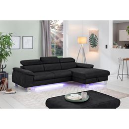 COTTA Ecksofa &raquo;Komaris L-Form, B: 244 cm&laquo; mit Kopfteilverstellung, optional Bettfunktion, Bettkasten & Licht schwarz Microfaser PRIMABELLE (100% 