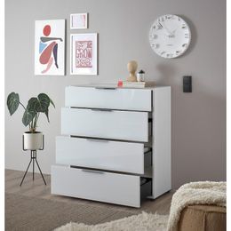 HBZ-MEBLE HBZ Kommode &raquo;Santorin Mehrzweckschrank mit Schubk&auml;sten, BxHxT 90x99x40 cm&laquo; 1 Stk. tlg. Mit 4 Schubk&auml;sten mit Softclose, Glasfront und Glasoberboden 