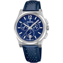 Festina Herren Chronograph &raquo;Riv&eacute; Collection&laquo; Quarzuhr, Armbanduhr, Herrenuhr, Swiss Made, Lederarmband, analog, Tag blau