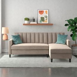 Ecksofa &raquo;Celine, L-Form,&laquo; mit Bett-Funktion und Stauraum. Recamiere beidseitig montierbar grau Veloursstoff 100% Polyester
