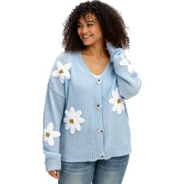 sheego by Joe Browns Damen Strickjacke mit Bl&uuml;tenmuster hellblau Gr&ouml;&szlig;e 52/54