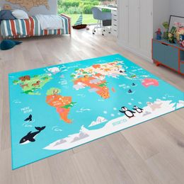 Paco Home Kinderteppich &raquo;Bino 564&laquo; rechteckig 4 mm H&ouml;he Kurzflor, Motiv Weltkarte, Kinderzimmer blau Polyester