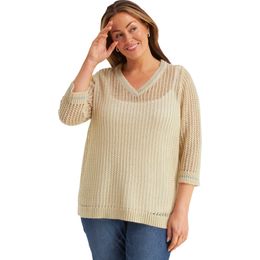 sheego Damen Ajourpullover mit Glitzergarn sand Gr&ouml;&szlig;e 52/54