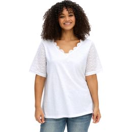 sheego by Joe Browns Damen V-Shirt mit Lochstickereien und Muschelsaumkante wei&szlig; Gr&ouml;&szlig;e 48/50