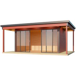 Lasita Maja Gartenhaus &raquo;DOMEO 4 LOGGIA SCHWEDENROT/ANTHRAZIT - NEU&laquo; mit &Uuml;berdachung, Fundamentmass 800+4180+800 x 800+3219, Schwedenrot rot 