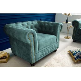 Riess Ambiente Barocker Sessel CHESTERFIELD petrol Samt Federkern goldene Nieten mit Knopfheftung Riess-Ambiente