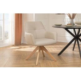 Riess Ambiente Drehbarer Design Stuhl ALMARA beige sand Echtleder 360&deg; natur Eiche Massivholz Riess-Ambiente Esszimmerstuhl K&uuml;chenstuhl