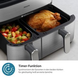 Philips Hei&szlig;luftfritteuse &raquo;NA555/00 Steam Airfryer 5000 Series Dual Basket, 9L Kapazit&auml;t (3L+6L)&laquo; 2750 W mit Dampfgar-Funktion; Silber/Edelstahl silber 