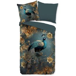 PURE luxury collection Wendebettw&auml;sche &raquo;Savaya&laquo; 2 Stk. Mikrofaser, 135x200, Pflegeleicht, Wende, Pfau, Blumen, Petrol, Gold blau Microfaser, 