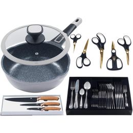 King Bratpfanne &raquo;K&uuml;chenstart&laquo; Aluminiumguss Set, K&uuml;chenmesser, Scheren, Besteck, Bratpfanne + Deckel &Oslash; 24 cm,Induktion braun