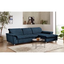 DOMO collection Ecksofa &raquo;Franzi, zeitlos und elegant, moderne Sitzheftung, L-Form&laquo; wahlweise mit Kopfteilverstellung (dann Tiefe: 170 cm) blau