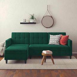 Ecksofa &raquo;Hartford II&laquo; mit Bettfunktion und Stauraum, Recamiere beidseitig montierbar gr&uuml;n Veloursstoff 100% Polyester