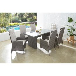 Konifera &raquo;Casablanca&laquo; Set, 6x Sessel, 1x Tisch 180x90x74 cm, Stahl/Polyrattan, 7 Stk. tlg. inkl. Auflagen grau