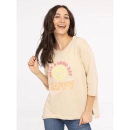 Zwillingsherz Damen Langarmshirt &raquo;"Happy"&laquo; 3/4-Arm, Rundhalsausschnitt, Stickerei beige L/XL