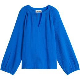bonprix Damen bonprix Shirtbluse &raquo;Oversize-Bluse aus Musselin&laquo; Oversize-Passform, mit V-Ausschnitt, aus Baumwolle, 3/4-&Auml;rmeln blau 48