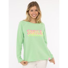 Zwillingsherz Damen Sweatshirt &raquo;"Smile"&laquo;, mit fr&ouml;hlichem Statement-Print gr&uuml;n SM (S/M)