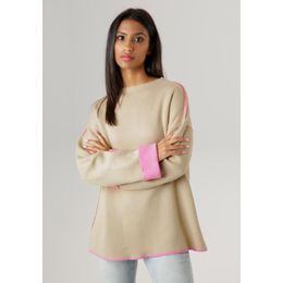 Aniston Selected Damen Aniston SELECTED Strickpullover mit rosafarbenen Zierkanten beige 48