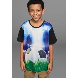 Kidsworld Jungen Kidsworld T-Shirt &raquo;Mit coolem FUSSBALL-Print&laquo; Kurzarm, Basic-Passform, mit trendigem Druck, Rundhalsausschnitt schwarz 140/146