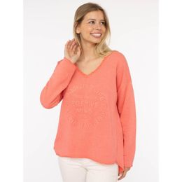 Zwillingsherz Damen Sweatshirt &raquo;"Positive Mind"&laquo;, ausgefranster V-Ausschnitt, Used Look, Langarm, Schriftzug orange L/XL
