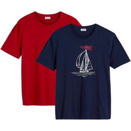 bonprix Damen bonprix T-Shirt Packung, 2 tlg. Regular Fit, Kurzarm-Design, mit maritimen Drucken, aus Baumwolle blau 48/50 (M)