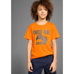 Kidsworld Jungen Kidsworld T-Shirt &raquo;Mit Spruch: CHILL MAL&laquo; Kurzarm, Basic-Stil, mit coolen Schriftz&uuml;gen, Rundhalsausschnitt orange 140/146