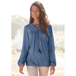Lascana Damen Lascana Crepebluse mit Lochstickerei, Damenbluse, lockere Passform blau 44