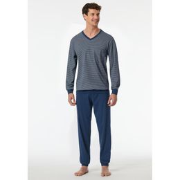 Schiesser Herren Pyjama &raquo;Comfort Essentials&laquo; 2 tlg. V-Ausschnitt, Brusttasche, Baumwolle, Langarm blau 25