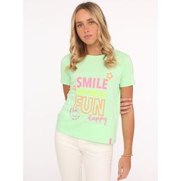 Zwillingsherz Damen T-Shirt &raquo;"Smile Happiness Fun"&laquo; Rundhalsausschnitt, bunte Stickerei, Pailletten, Kurzarm gr&uuml;n L/XL (L/XL)