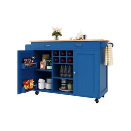 ABRIHOME K&uuml;cheninsel in Blau mit Holzmaserung und Stauraum 102x45x92 cm | Gr.: onesize
