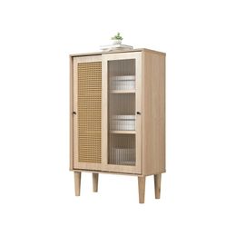 ABRIHOME Hohes Sideboard in Natur mit Rattan und Glast&uuml;ren 100 cm und 6 F&auml;chern | Gr.: onesize