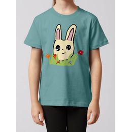 wat? Apparel T-Shirt Osterhase mit Blumen in Teal Monstera | Gr.: 152-164