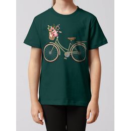 wat? Apparel T-Shirt Fahrrad mit Blumen in Dunkelgr&uuml;n | Gr.: 122/128