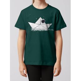 wat? Apparel T-Shirt Astronaut in paper boat in Dunkelgr&uuml;n | Gr.: 122/128