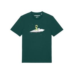 wat? Apparel T-Shirt Alien on a paper plane in Dunkelgr&uuml;n | Gr.: 58