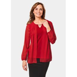 GOLDNER Festliche Bluse mit Chiffon&uuml;berwurf und Schmuckelement in rot | Gr.: 40
