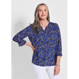 GOLDNER Kurzgr&ouml;&szlig;e: Elegante Printbluse mit Rundhalsausschnitt in royalblau / marine / gemustert | Gr.: 19