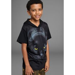 Kidsworld Jungen Kidsworld T-Shirt &raquo;, Kapuzen-T-Shirt mit Fotoprint: PANTHER&laquo; Kurzarm, modische Passform, mit stylischem Druck schwarz 164/170