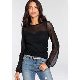 Melrose Damen Langarmshirt taillierte Passform, aus Netzstoff, mit Viskosefutter, mit Spitze schwarz 34