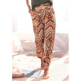 Lascana Damen Lascana Jerseyhose mit Ethnoprint und Taschen, lockere Passform braun 34, N-Gr