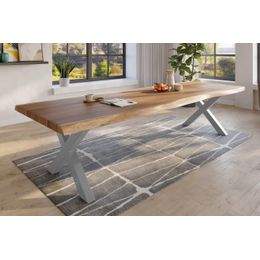 Baumkantentisch 400 x 120 cm Esstisch massiv Akazie Natur X-Gestell Silber TITAN