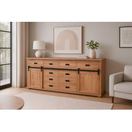 Sideboard 200x45x90 cm Akazienholz massiv natur gusseiserne Elemente LIANO IV