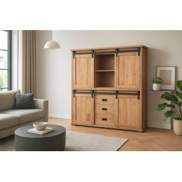 Highboard 150x45x160 cm Akazienholz massiv natur gusseiserne Elemente LIANO I